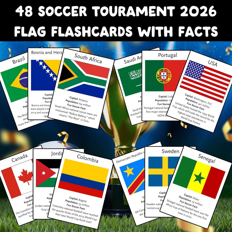 48 World Cup Countries Flag Flashcards, International Soccer Football ...
