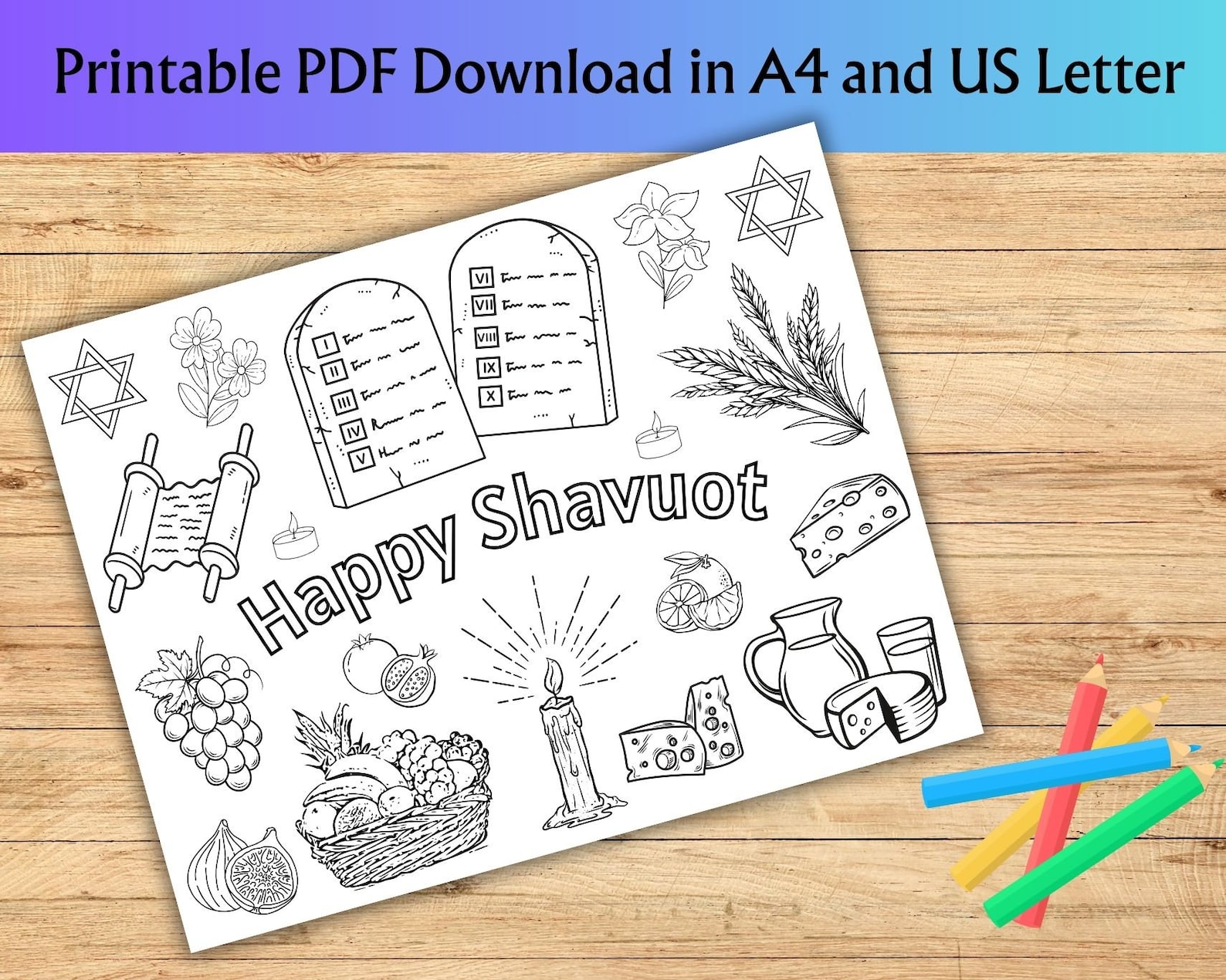 Shavuot Coloring Page, Shavuot Placemat, Jewish Coloring Page, Judaism ...