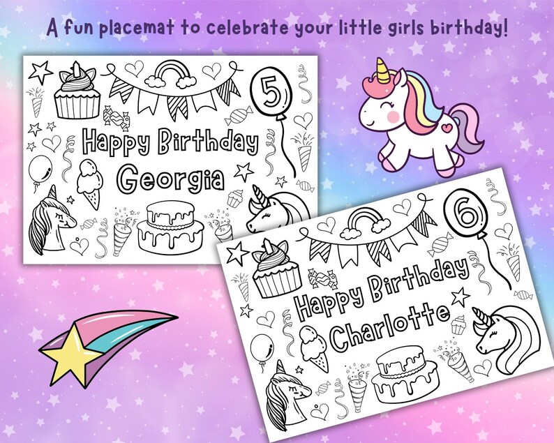 Personalised Editable Unicorn Birthday Coloring in Placemat Printable ...