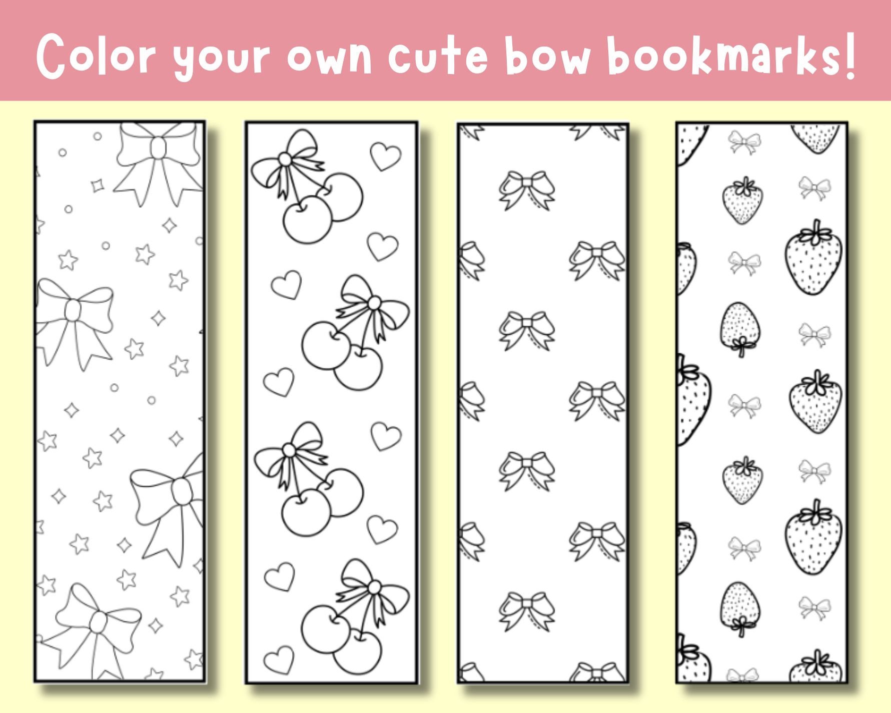Cute Bow Coloring Bookmarks, Color Your Own Bookmarks, Coquette ...