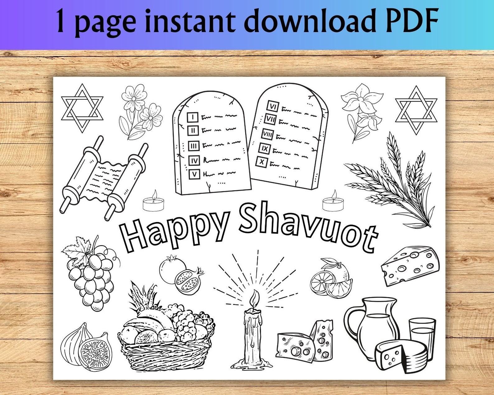 Shavuot Coloring Page, Shavuot Placemat, Jewish Coloring Page, Judaism ...