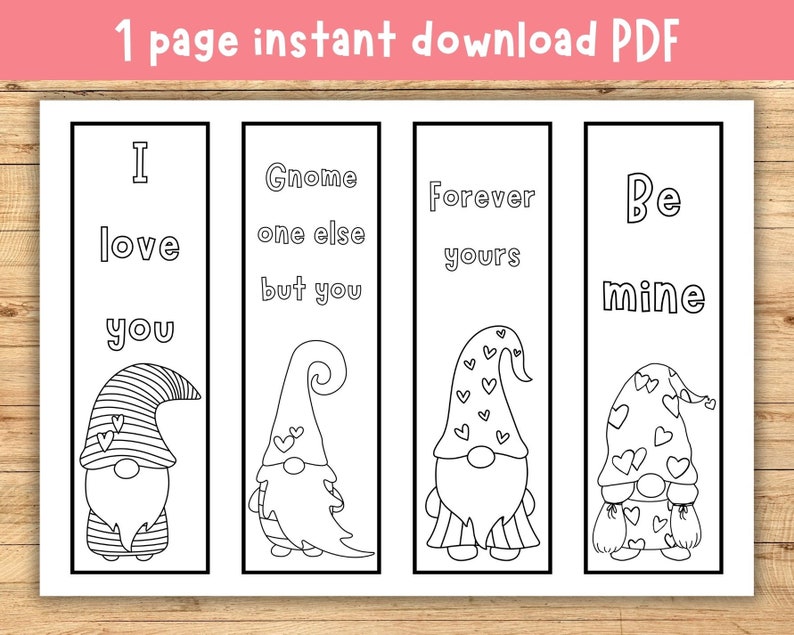 Printable Valentine's Gnome Coloring Bookmarks, Color Your Own ...
