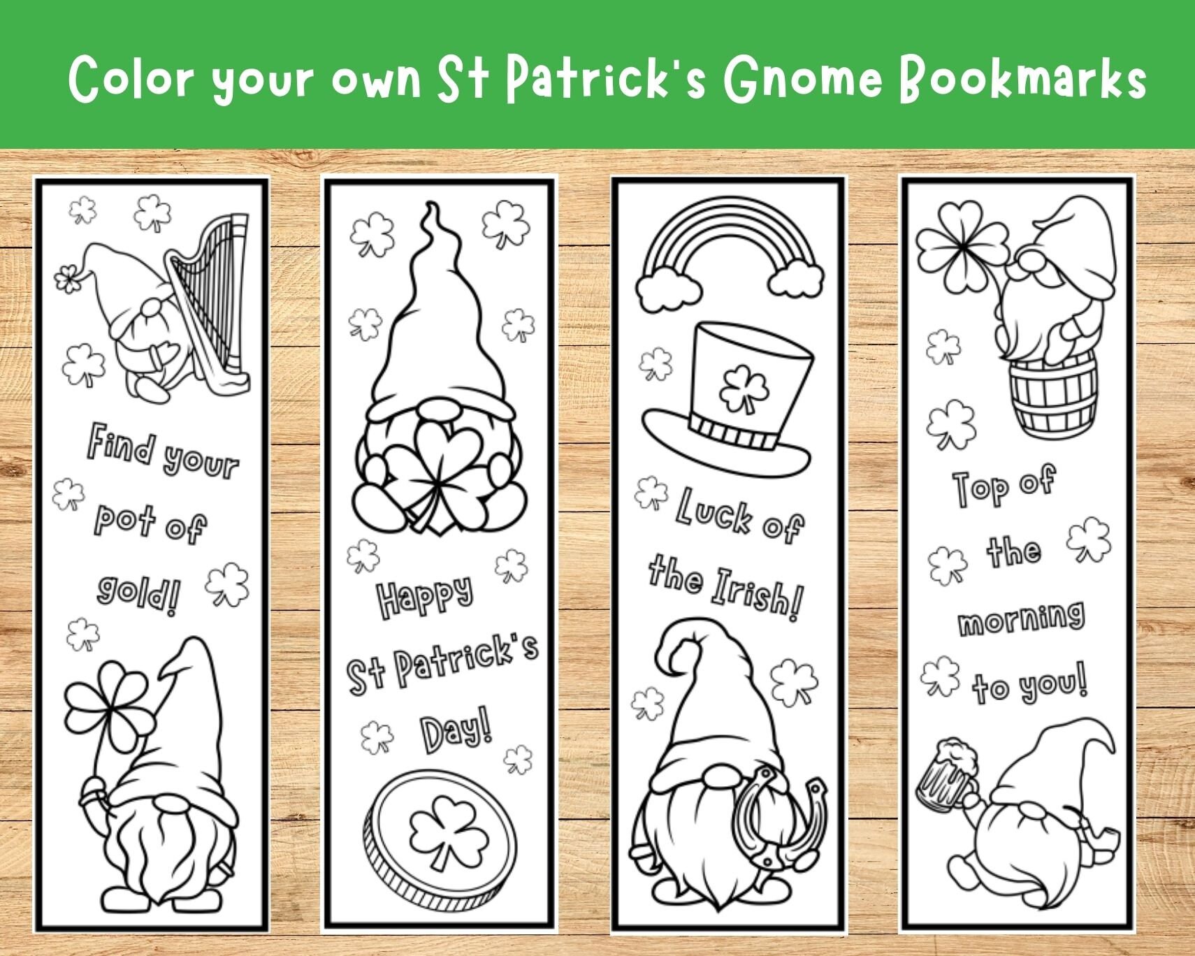 Printable St Patrick's Day Gnome Coloring Bookmarks, Color Your Own ...