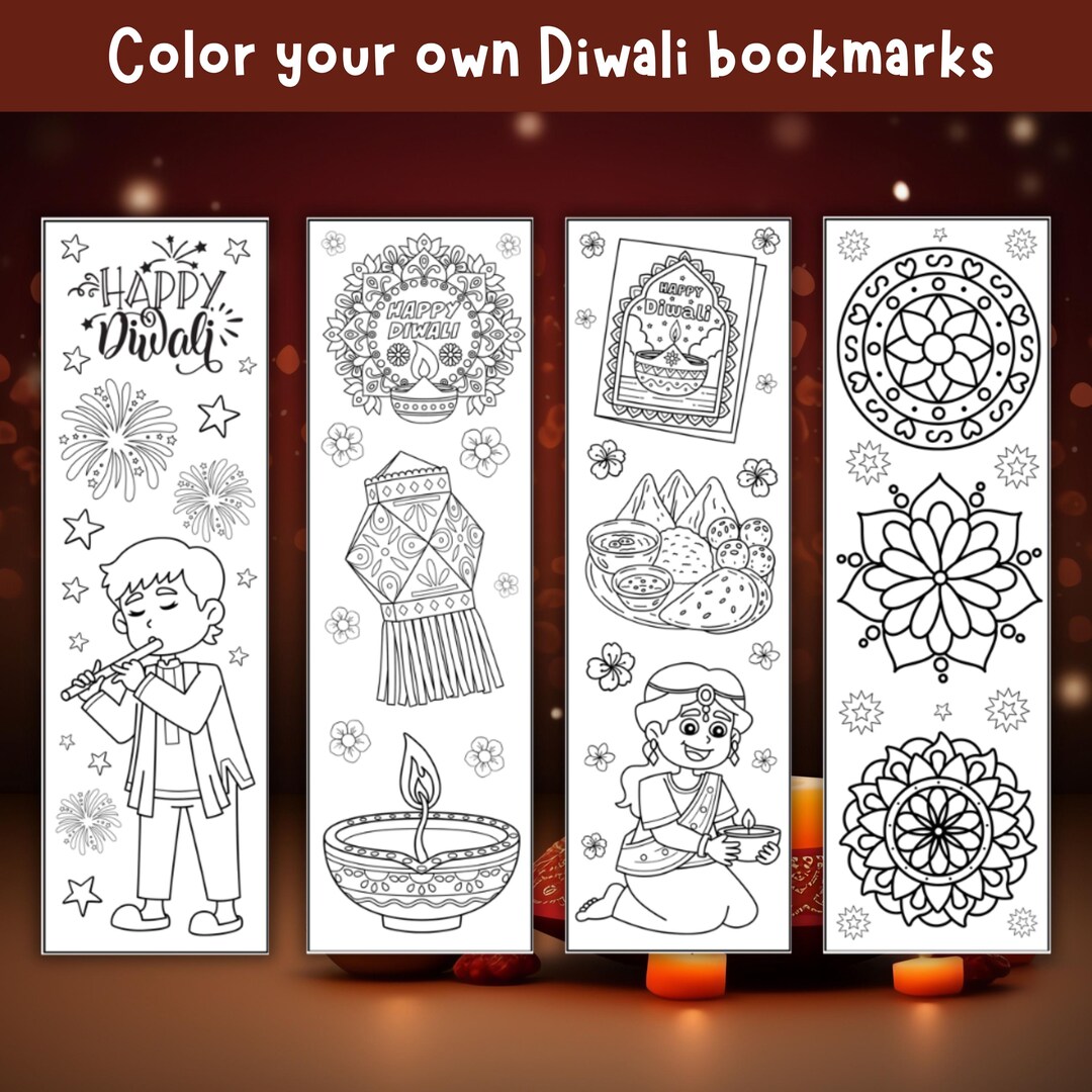 Diwali Coloring Bookmarks, Color Your Own Bookmarks, Bookmark Printable ...