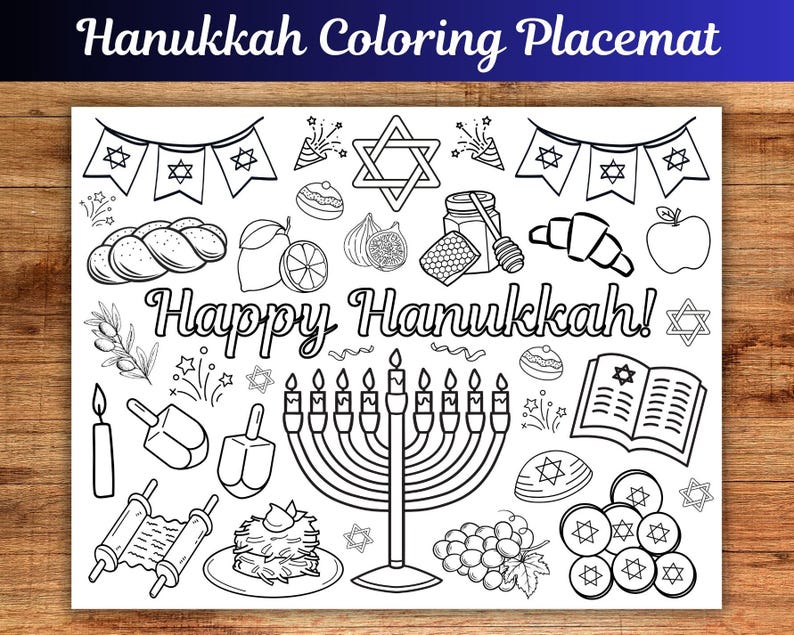 Hanukkah Coloring Page, Hanukkah Coloring Placemat, Jewish Coloring ...
