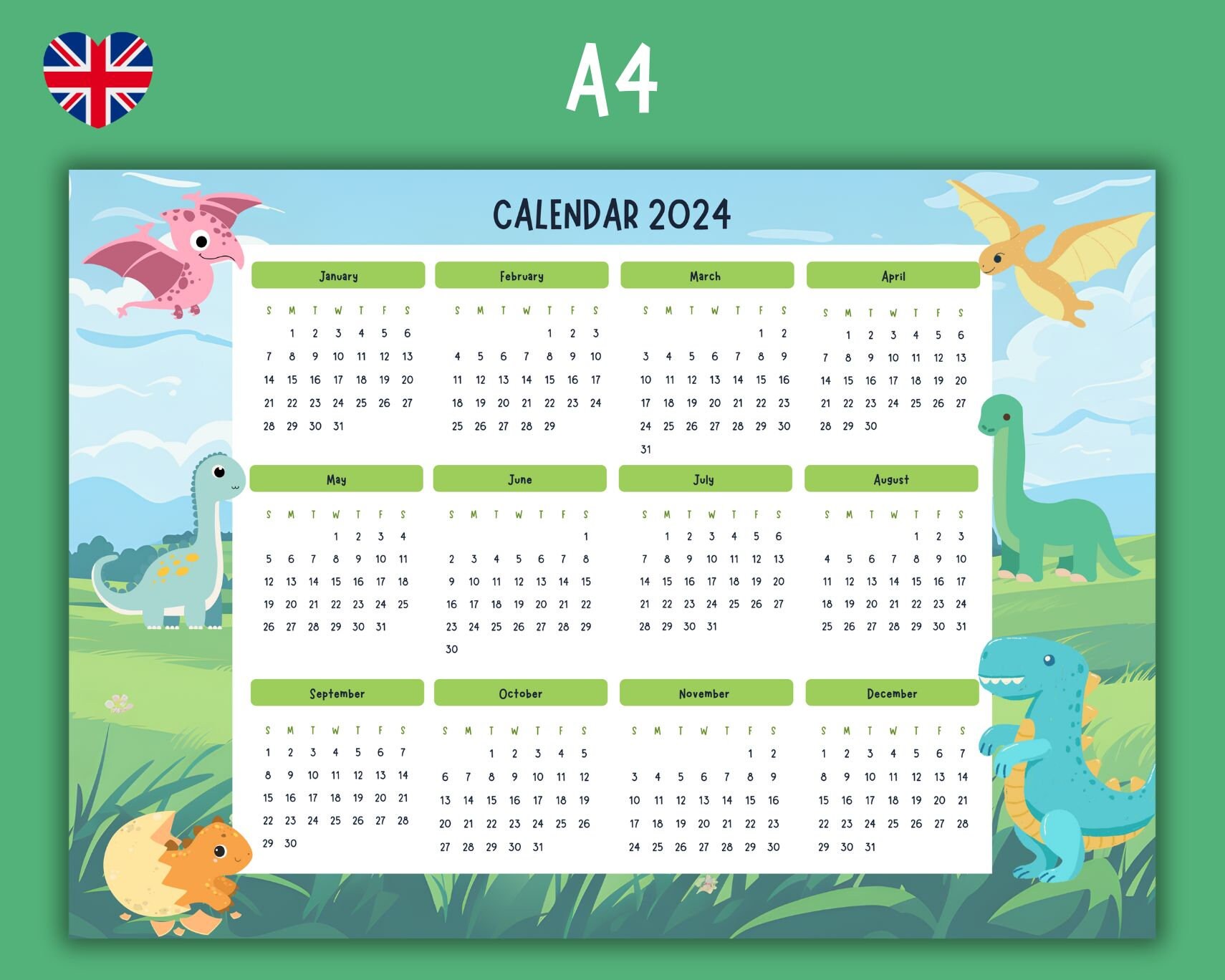 Printable Kids Dinosaur Calendar 2024 Cute Calendar - Etsy
