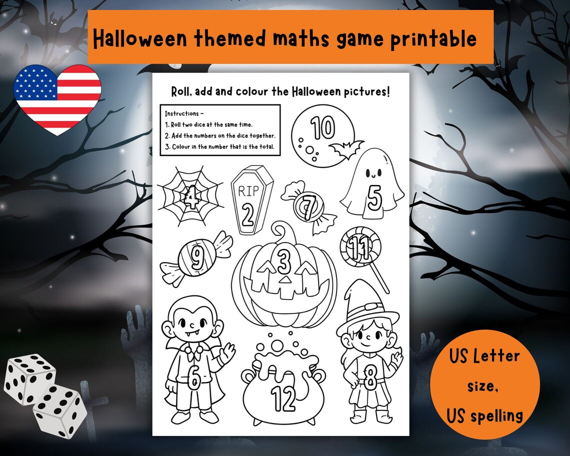 Kids Halloween Maths Games, Addition Dice Game, Printable Kids ...