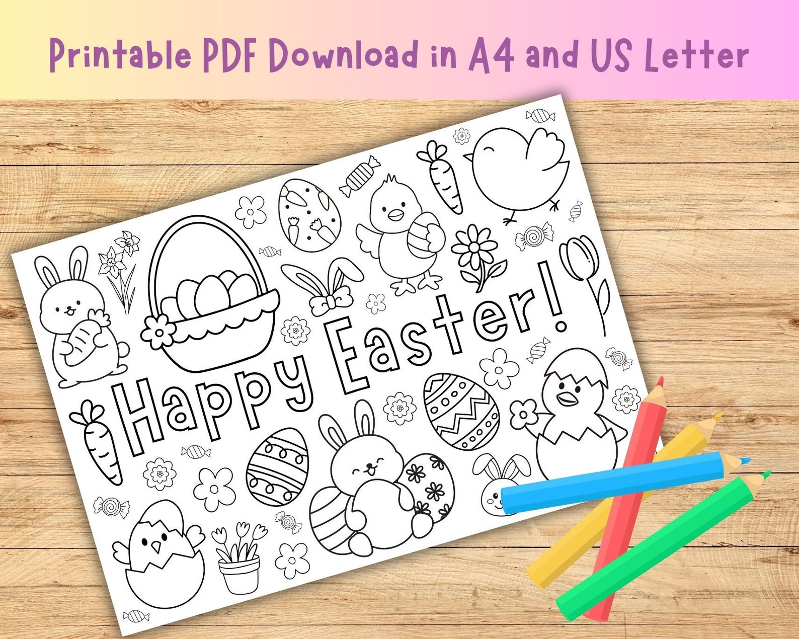 Easter Coloring Page, Happy Easter Coloring Pages, Kids Easter Doodle ...