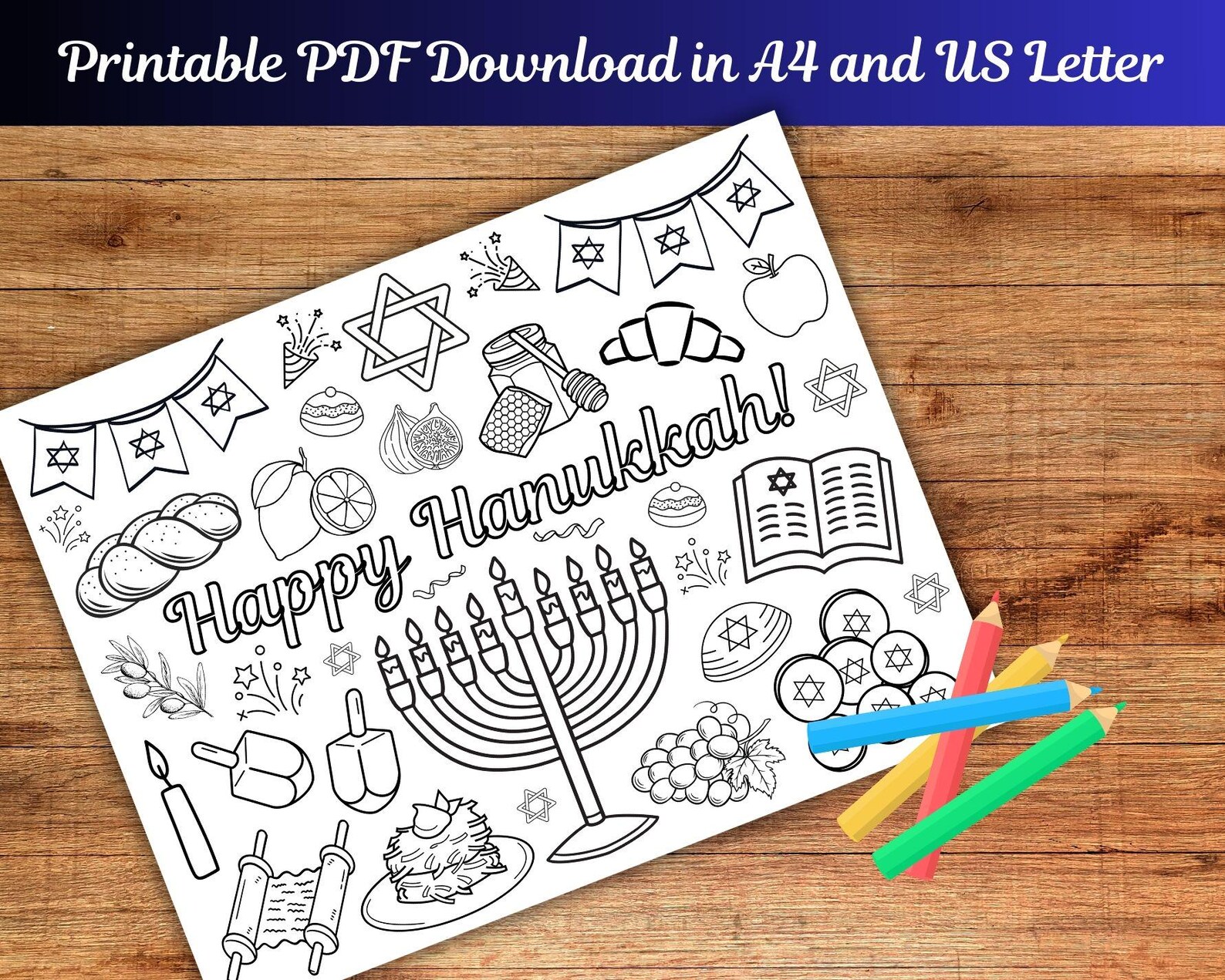 Hanukkah Coloring Page, Hanukkah Coloring Placemat, Jewish Coloring ...