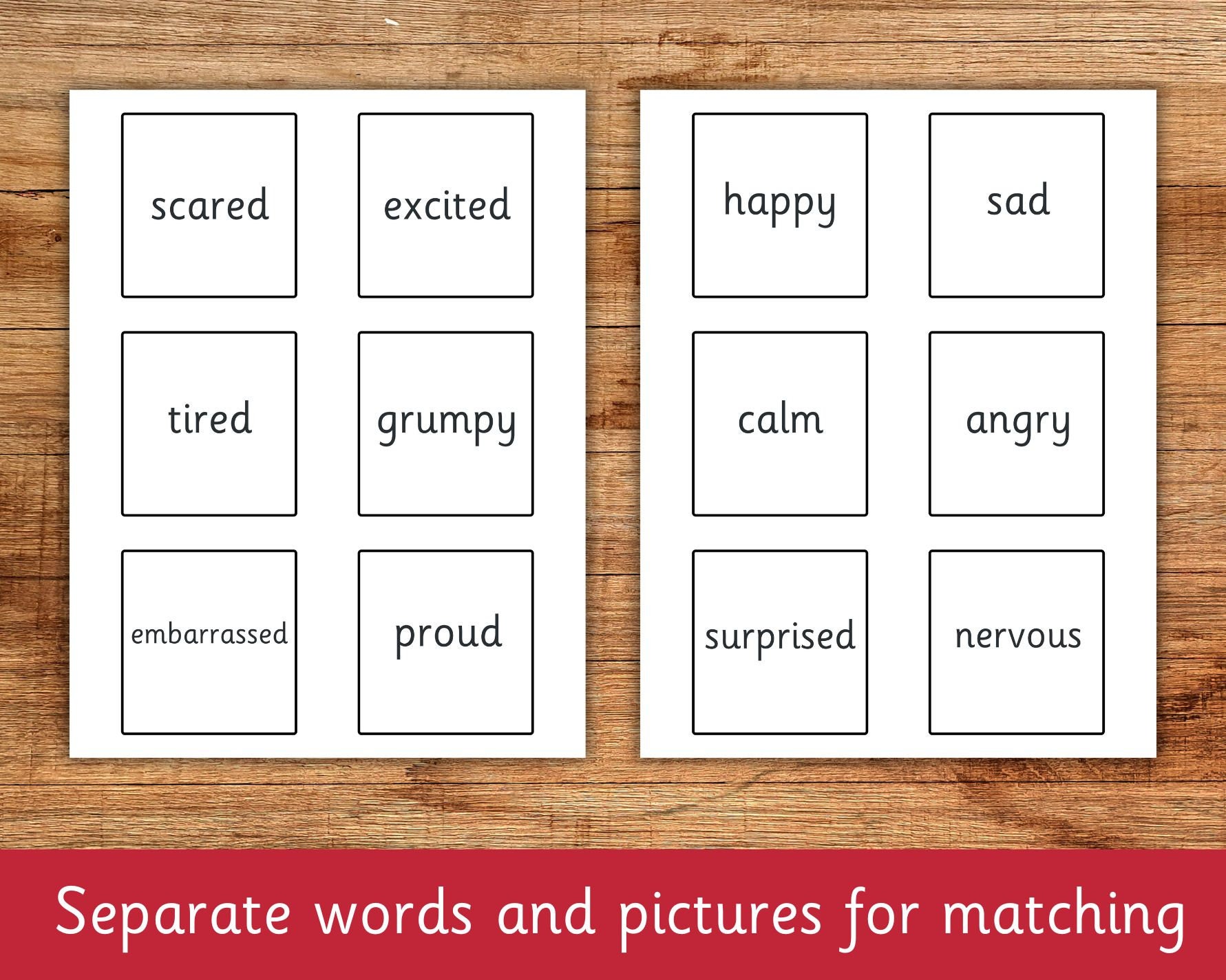 Emotions and Feelings Cards, Matching Picture Word Cards, Educational ...