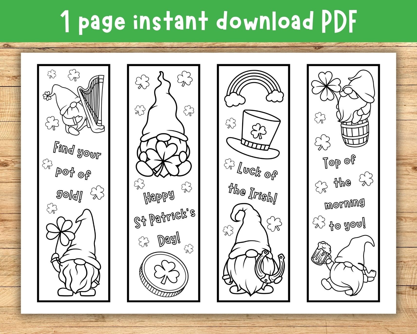 Printable St Patrick's Day Gnome Coloring Bookmarks, Color Your Own ...