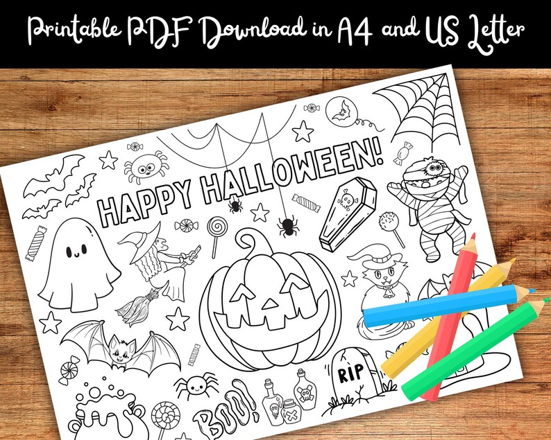 Halloween Coloring Placemat Page, Kids Halloween Activity, Halloween ...