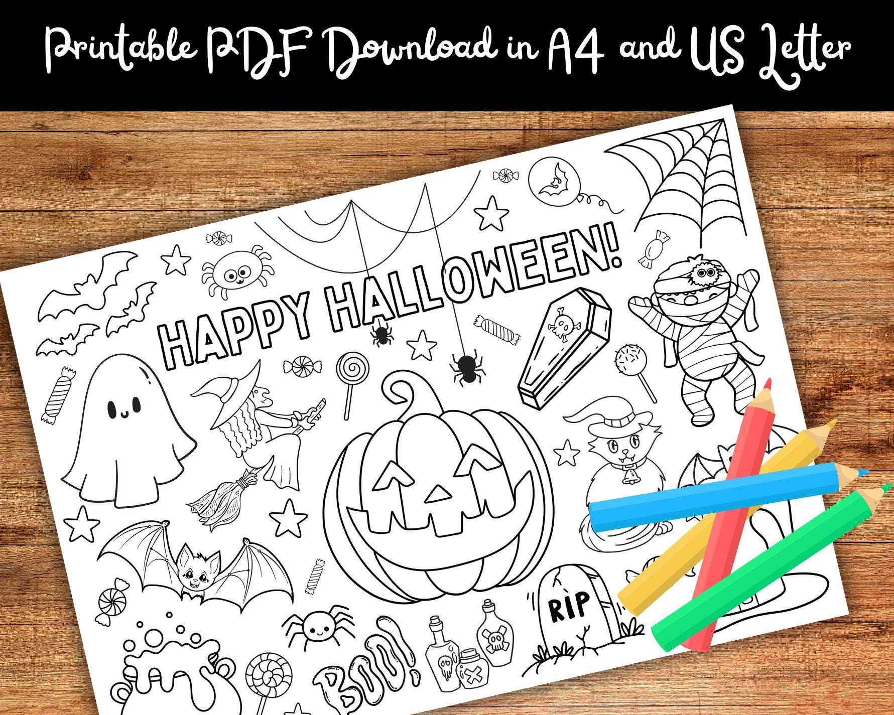 Halloween Coloring Placemat Page, Kids Halloween Activity, Halloween ...