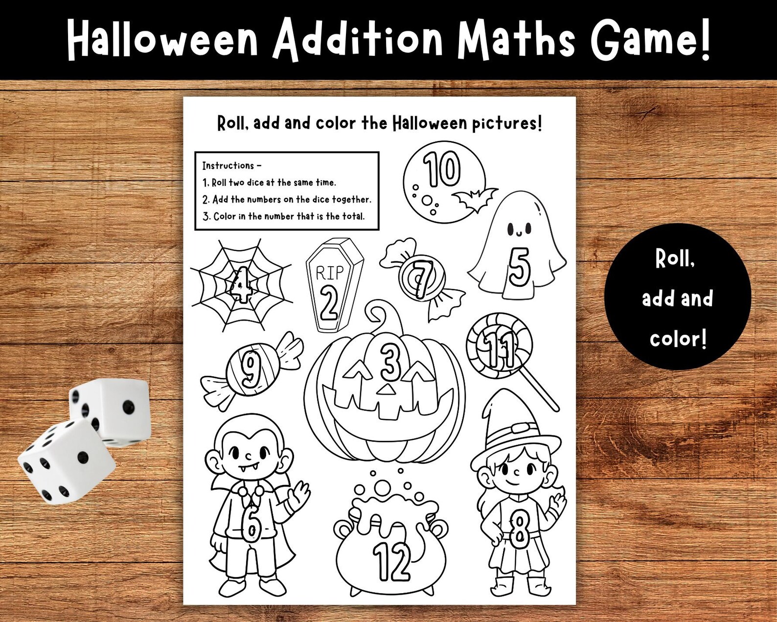 Kids Halloween Maths Games, Addition Dice Game, Printable Kids ...