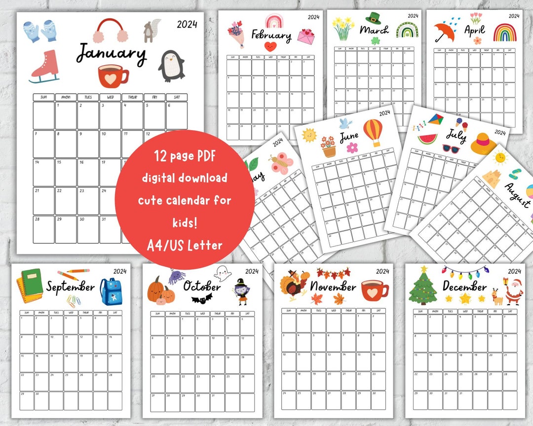 Printable Kids Calendar 2024 Cute Calendar Home-school - Etsy Australia