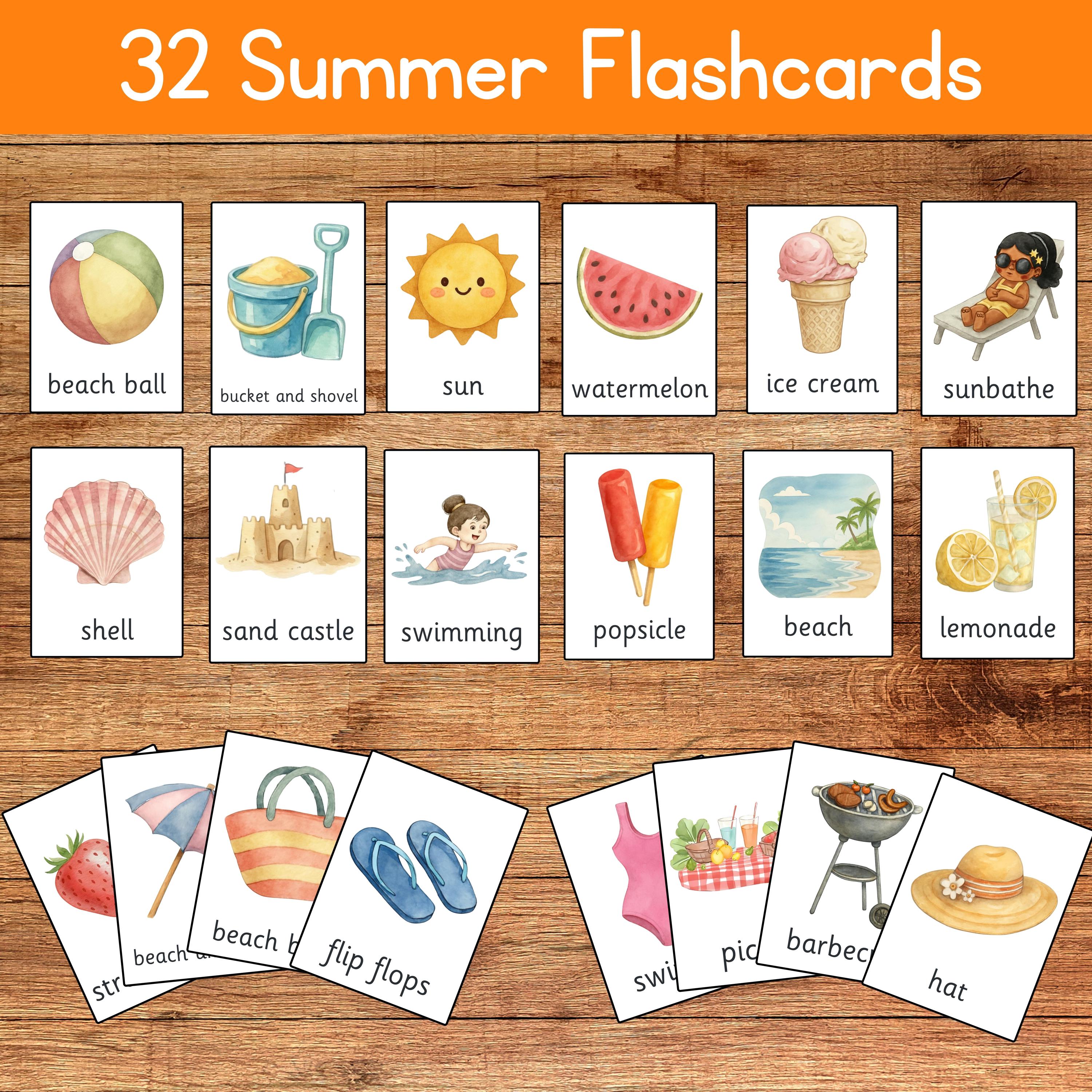 Summer Flash Cards, 32 Summer Flashcards, Summer Educational Printable ...