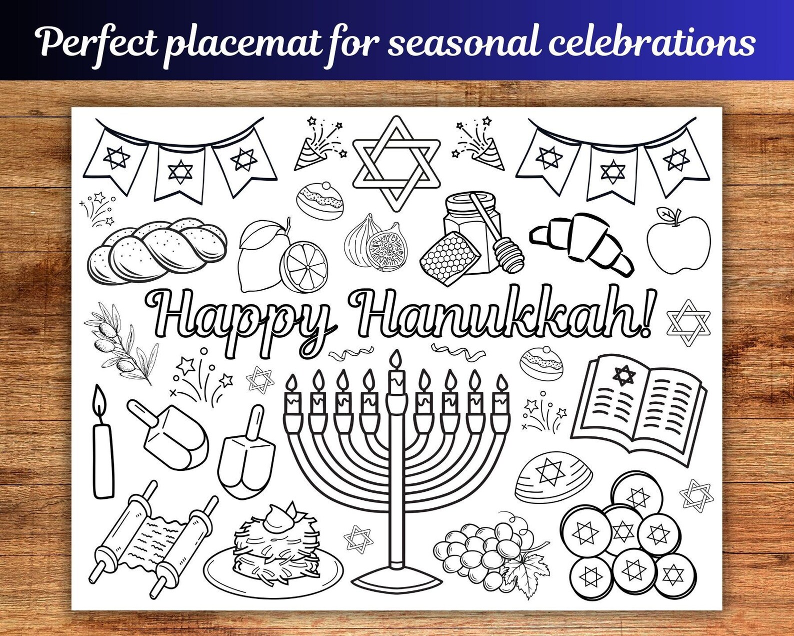 Hanukkah Coloring Page, Hanukkah Coloring Placemat, Jewish Coloring ...