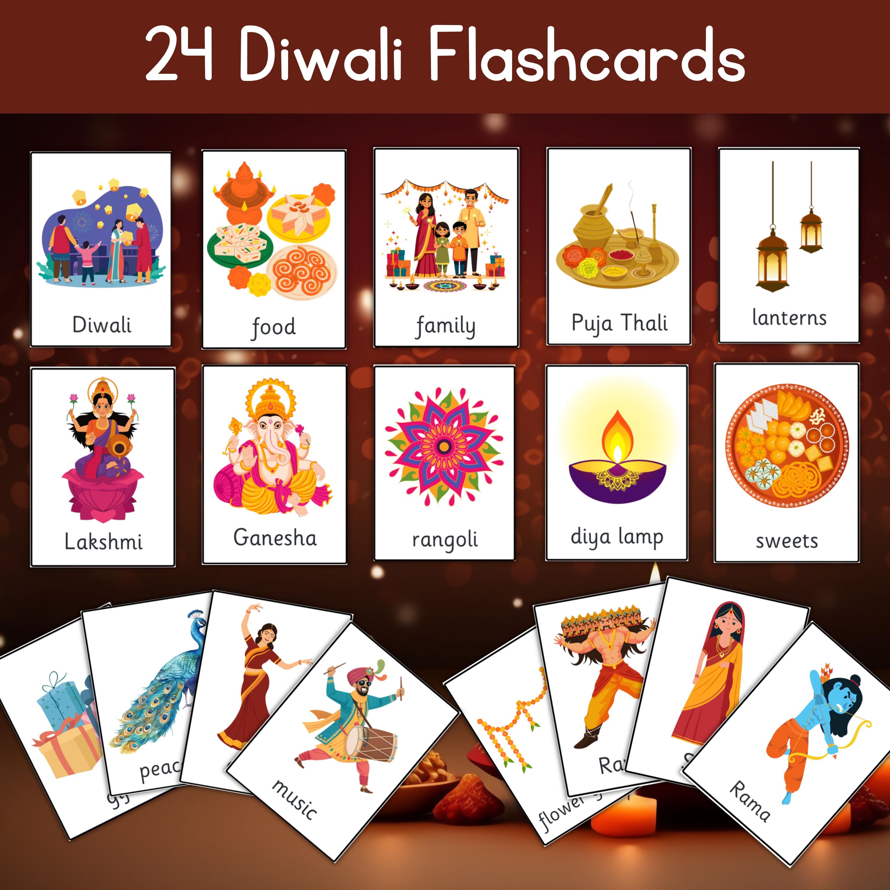 24 Diwali Flashcards, Hindu Flashcards, Educational Printable, Toddler ...