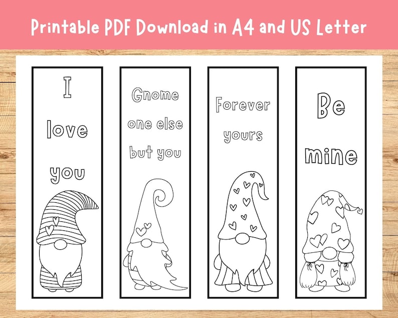 Printable Valentine's Gnome Coloring Bookmarks, Color Your Own ...