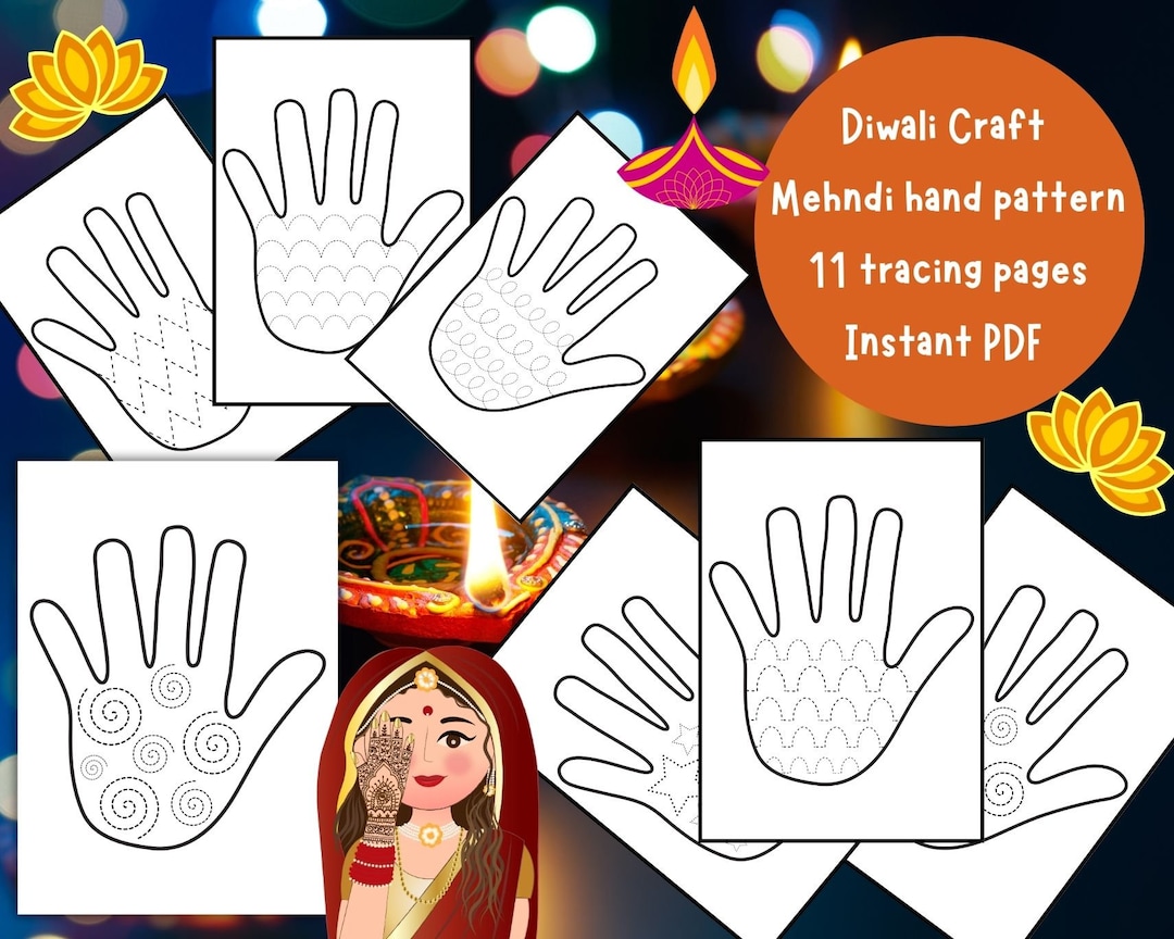 Diwali Printable Kids Tracing Mehndi Hand Pattern Activity Sheets ...