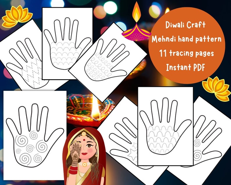 Diwali Printable Kids Tracing Mehndi Hand Pattern Activity Sheets ...