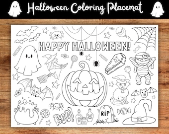 Halloween Coloring Placemat Page, Kids Halloween Activity, Halloween ...