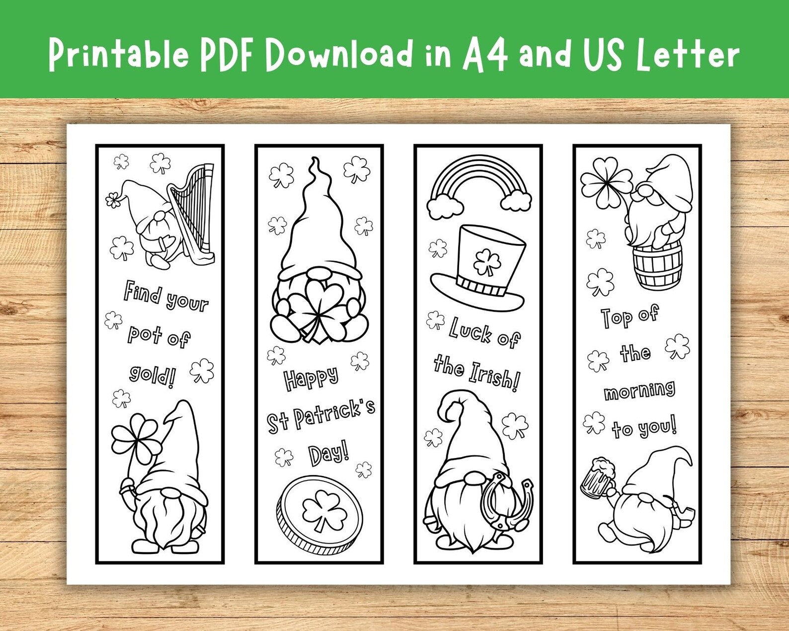 Printable St Patrick's Day Gnome Coloring Bookmarks, Color Your Own ...