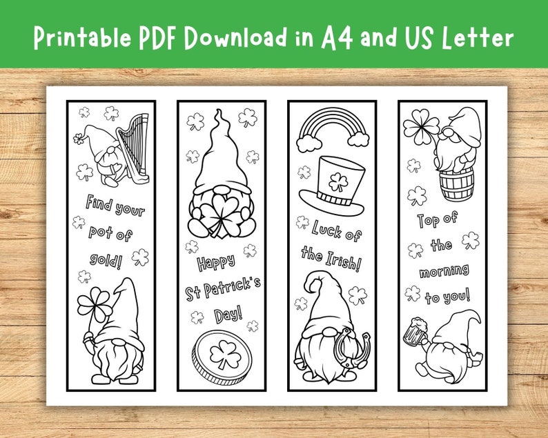Printable St Patrick's Day Gnome Coloring Bookmarks, Color Your Own ...