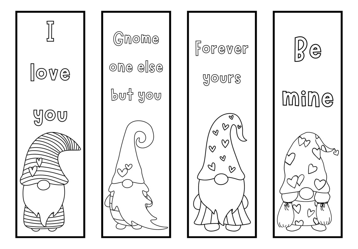 Printable Valentine's Gnome Coloring Bookmarks, Color Your Own ...