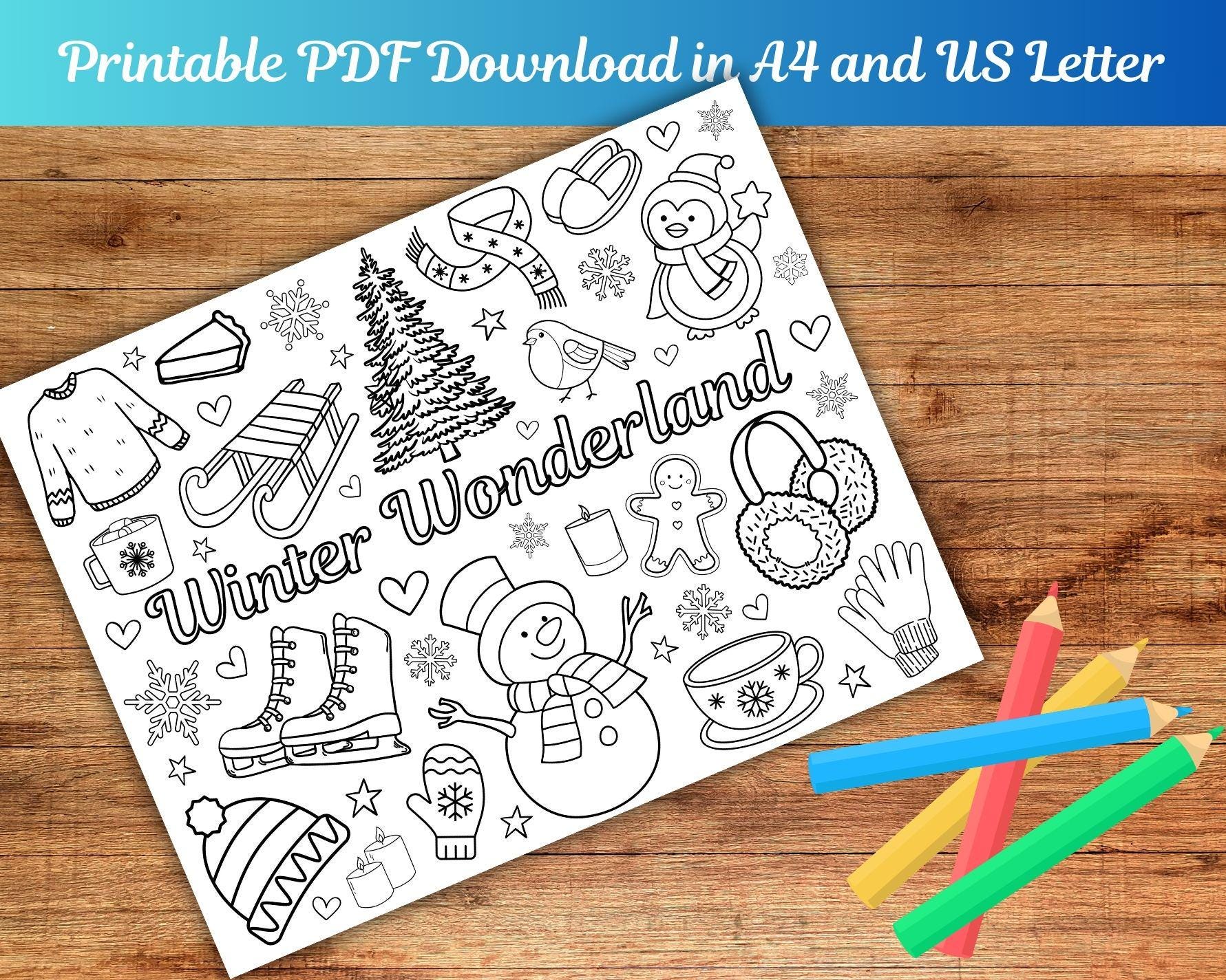 Winter Coloring Page, Christmas Coloring Placemat, Winter Wonderland ...