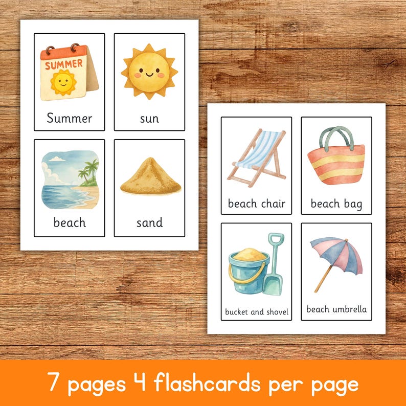 Summer Flash Cards, 32 Summer Flashcards, Summer Educational Printable ...