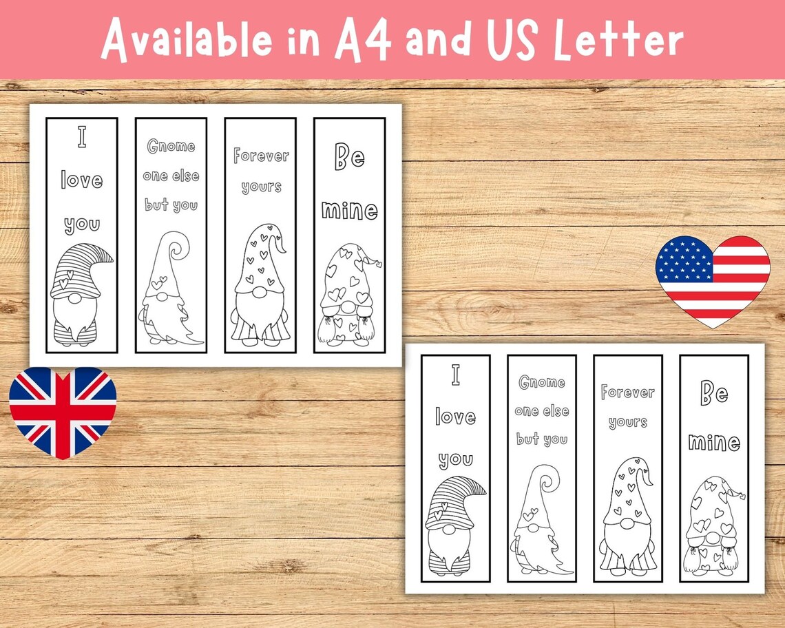 Printable Valentine's Gnome Coloring Bookmarks, Color Your Own ...
