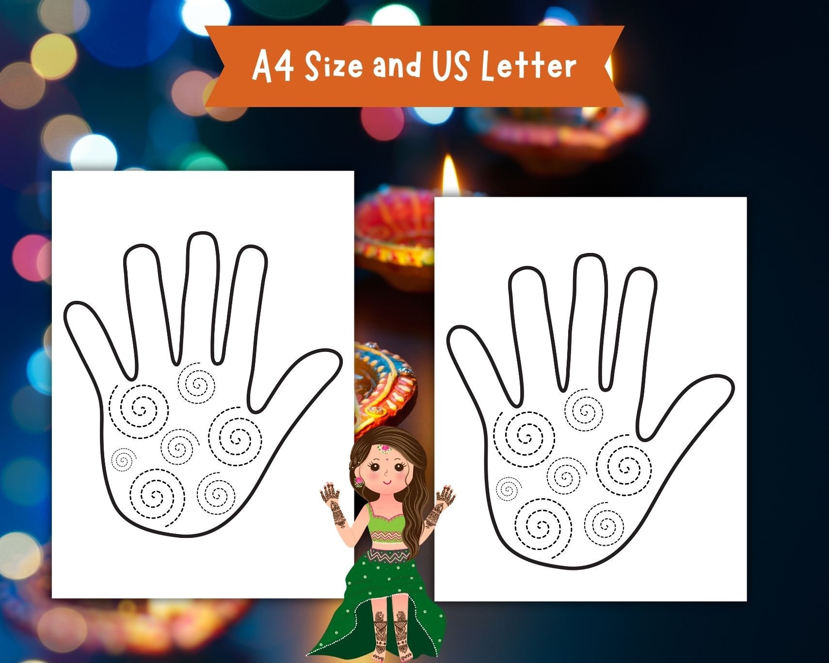 Diwali Printable Kids Tracing Mehndi Hand Pattern Activity Sheets ...