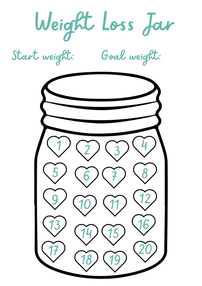 20 Hearts Weight Loss Weekly Jar Coloring Tracker 20 Pounds/kg ...
