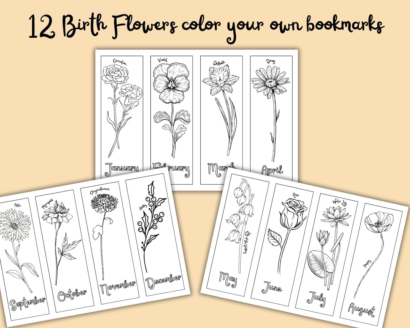 Printable Birth Month Flower Coloring Bookmarks, Color Your Own ...