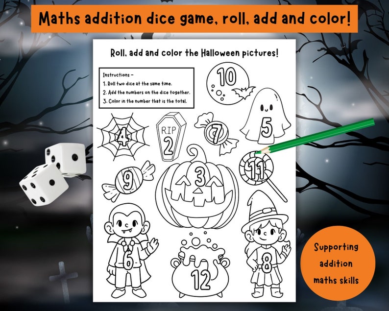 Kids Halloween Maths Games, Addition Dice Game, Printable Kids ...