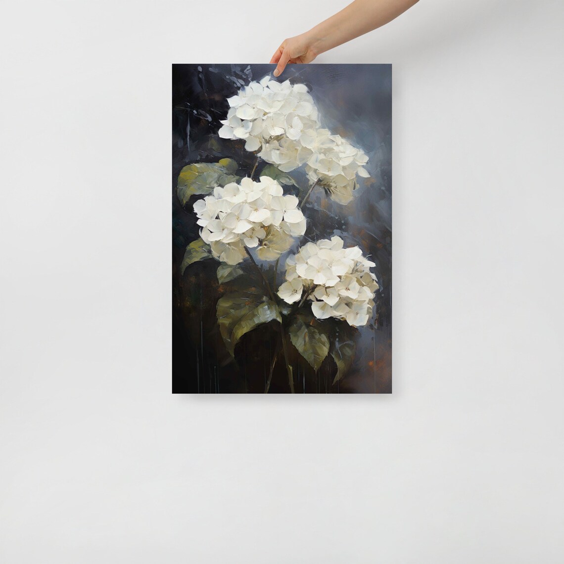 White Hydrangea No.1 Art Print, Wall Decor, Dark Moody Oil Painting ...
