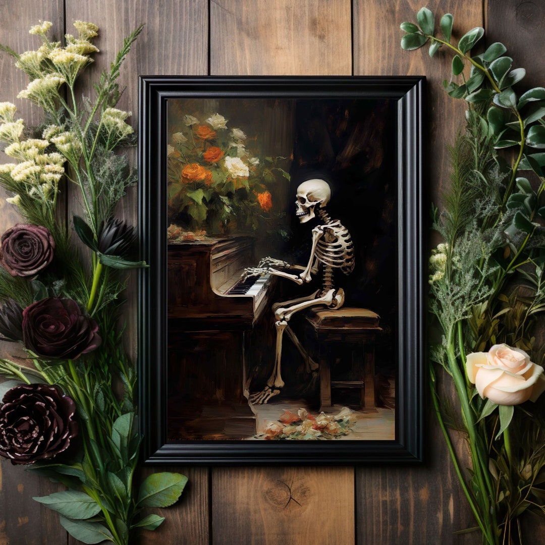 Skeleton Playing Piano No.1 Art Print, Dark Academia Wall Decor, Moody ...