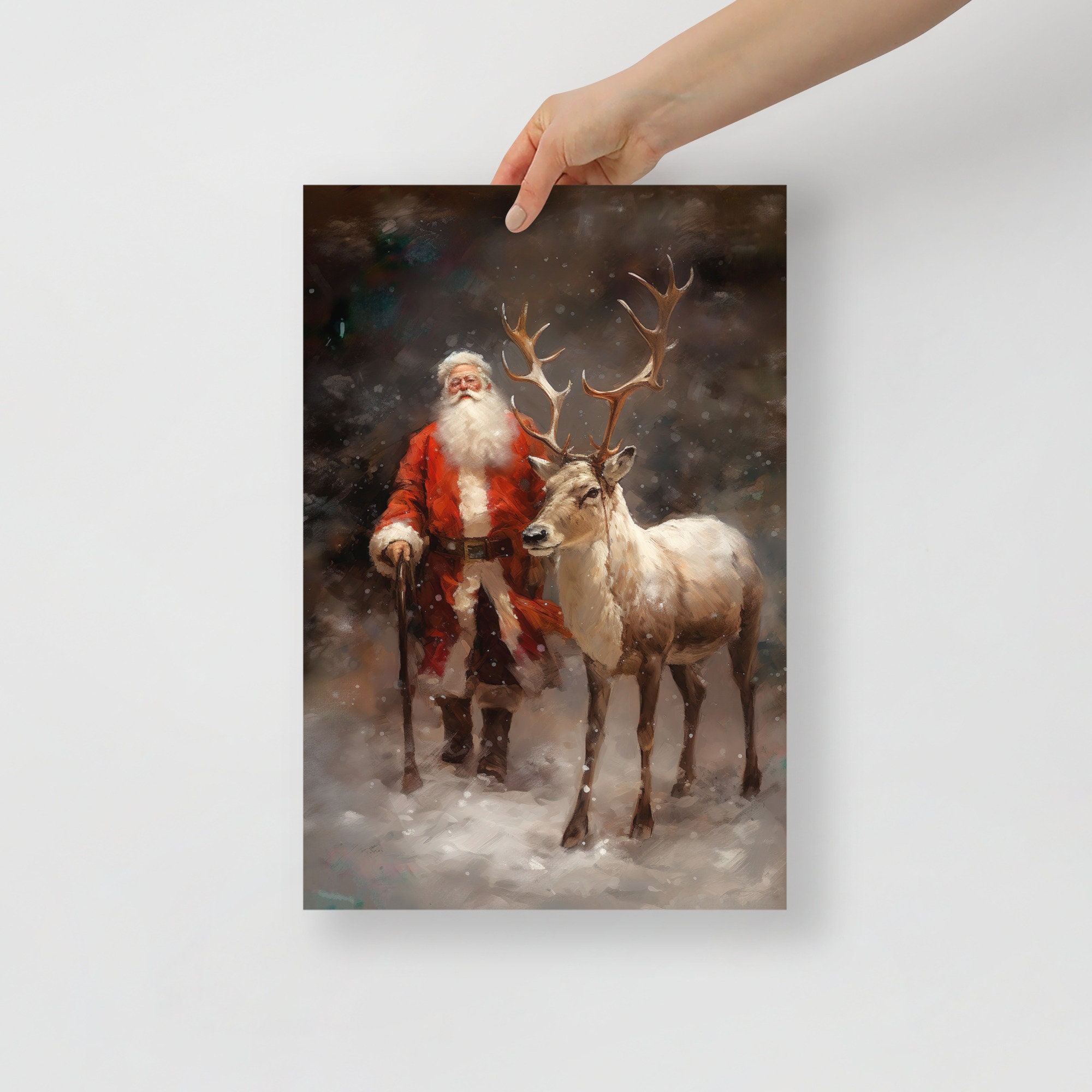 Christmas Santa Claus With Reindeer No.1 Art Print, Old World Santa ...