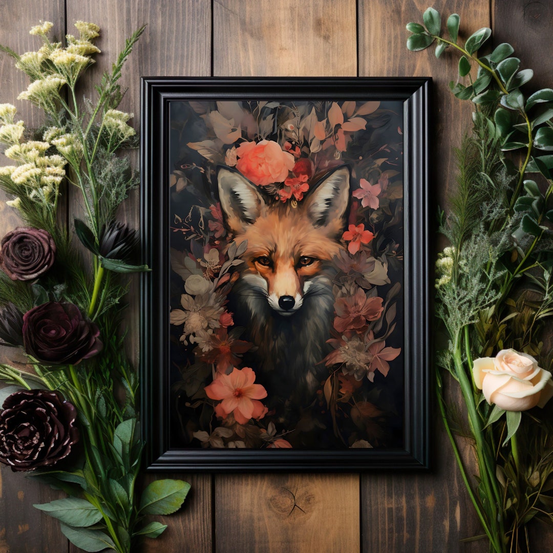 Fox in Flowers Art Print No.4, Digital Download, Dark Forest Wall Decor ...