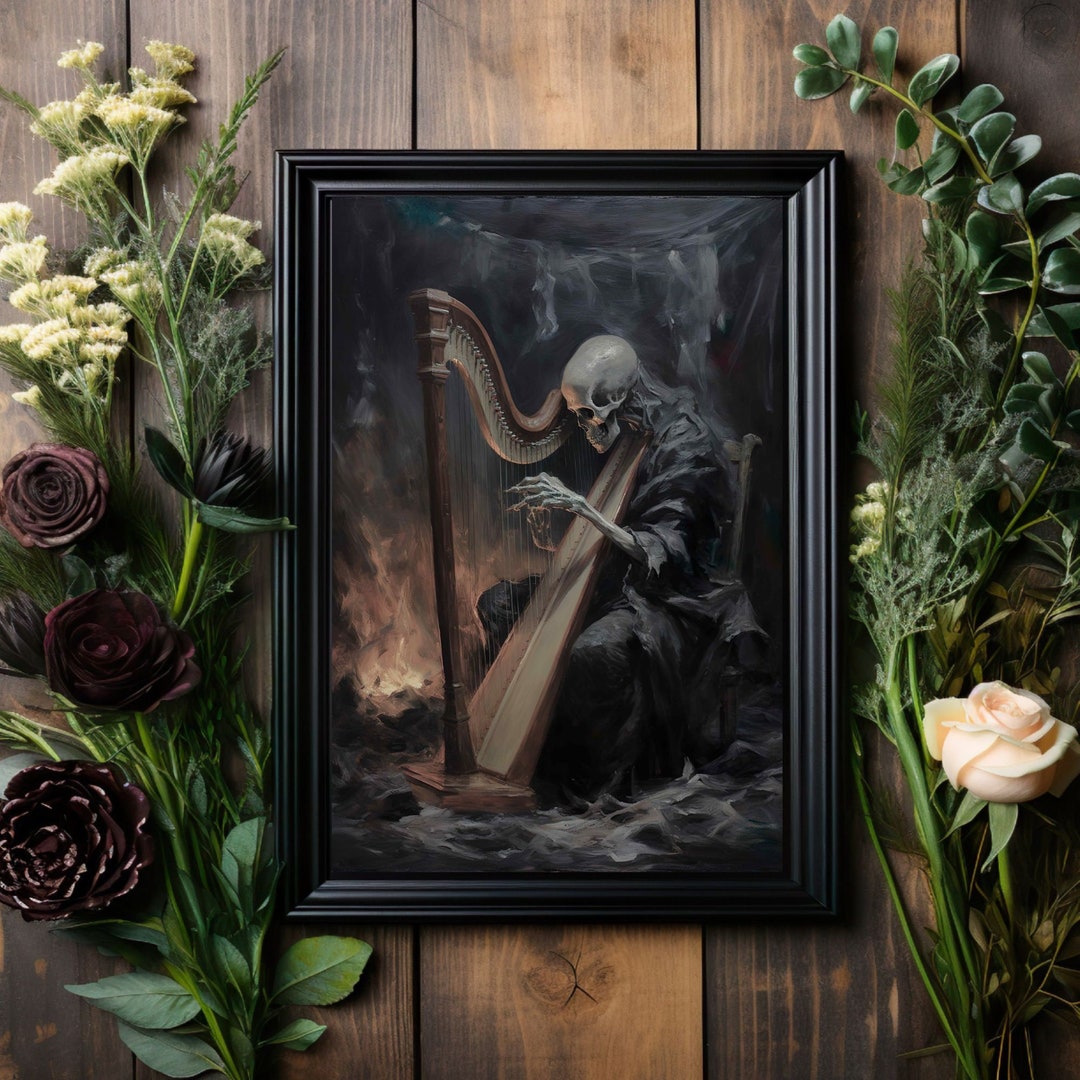 Skeleton Playing the Harp No.1 Art Print, Dark Academia Wall Decor ...