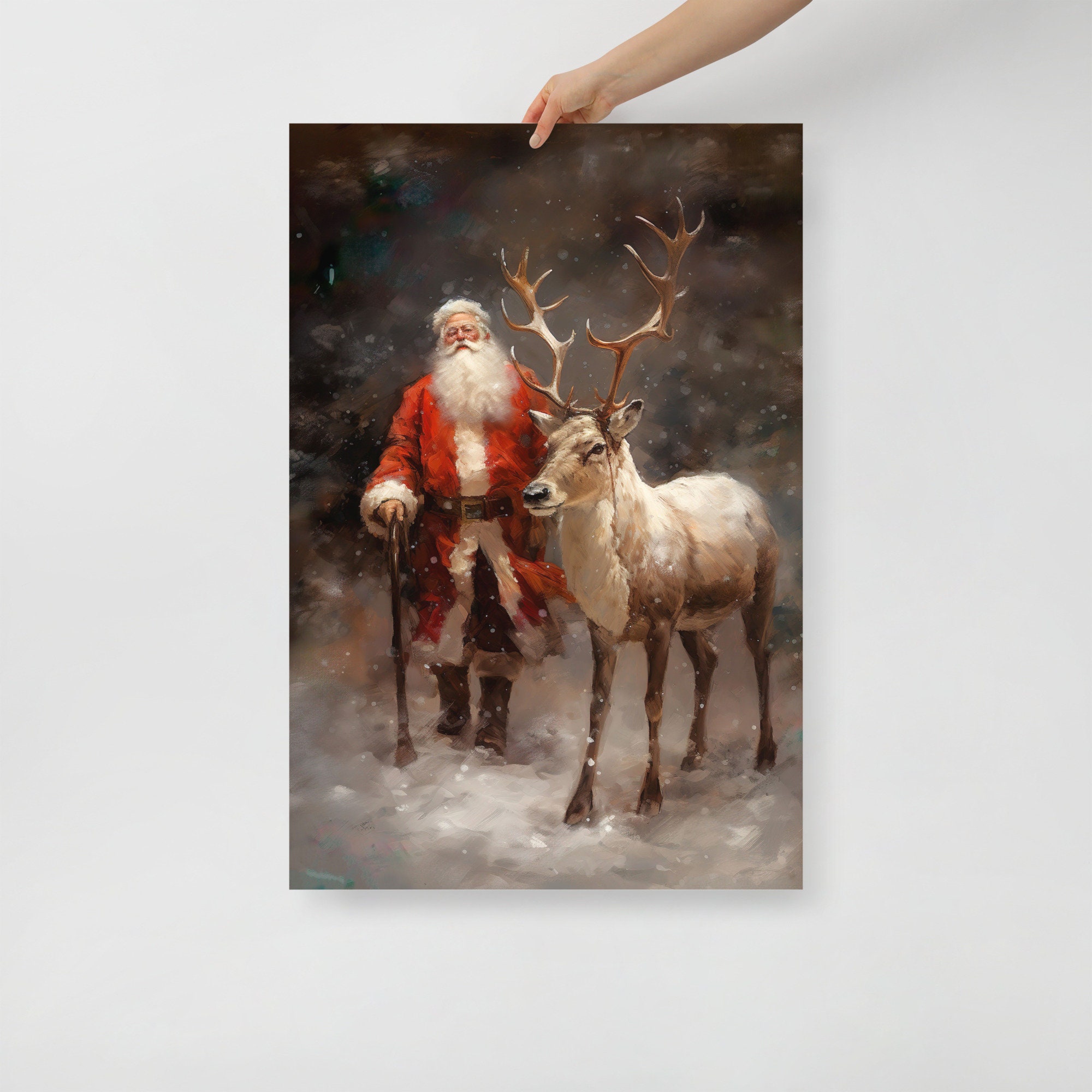 Christmas Santa Claus With Reindeer No.1 Art Print, Old World Santa ...