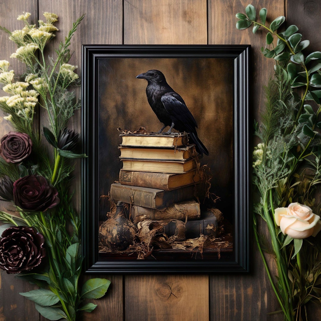 Raven on Stack of Books Art Print No.1, Dark Wall Decor, Forestcore ...