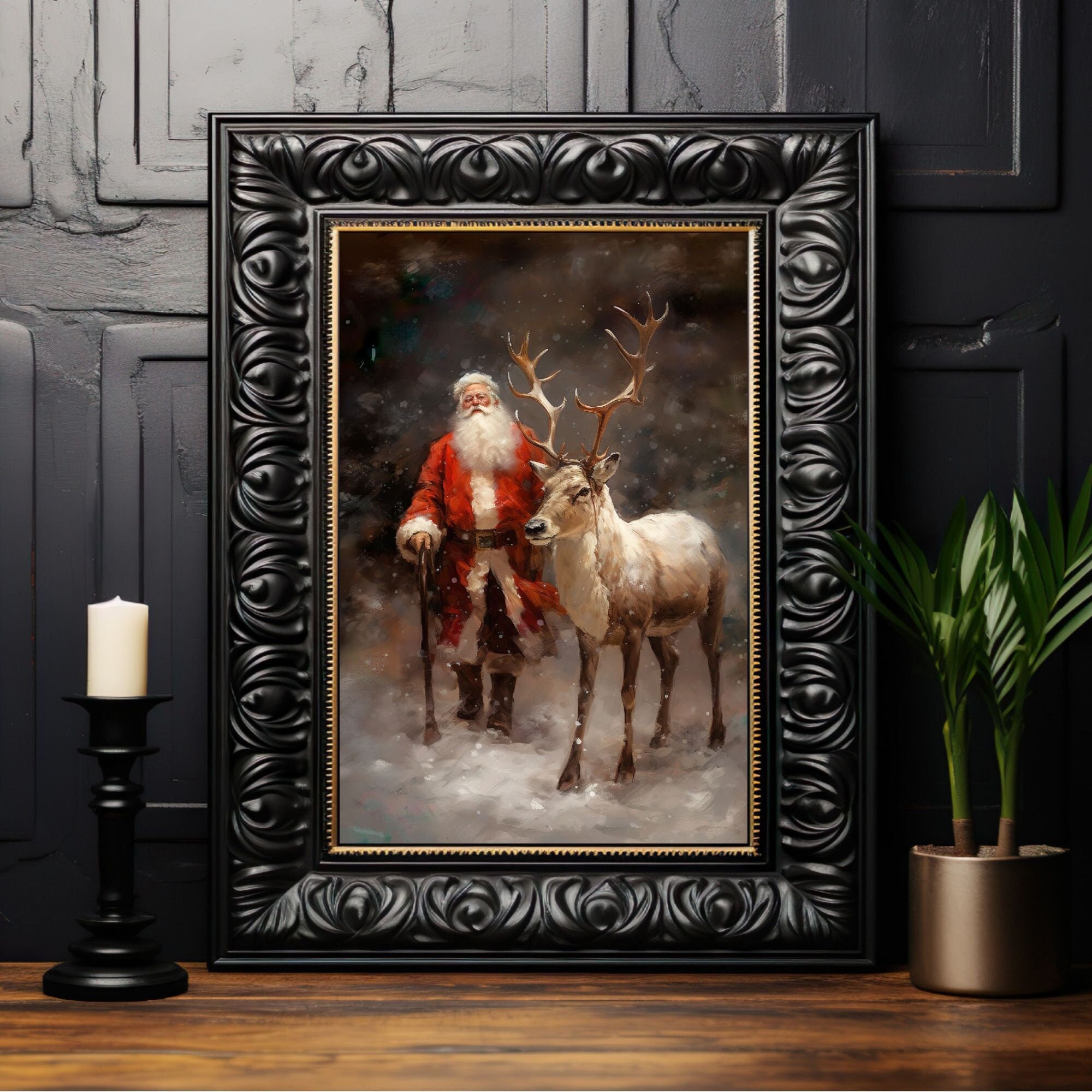 Christmas Santa Claus With Reindeer No.1 Art Print, Old World Santa ...