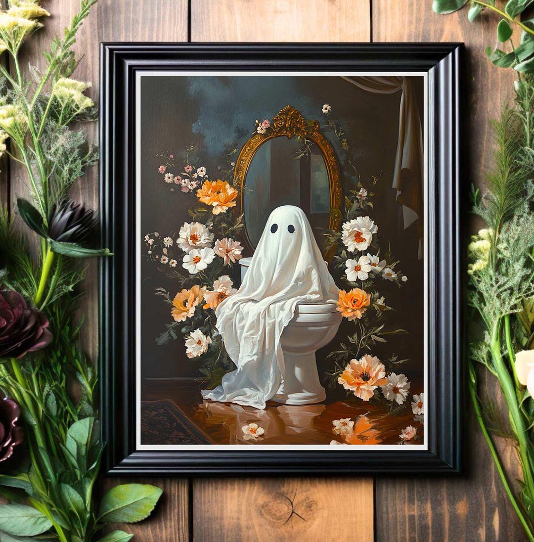 Ghost Sitting on Toilet Art Print No.2, Oil Painting Style, Cottagecore ...