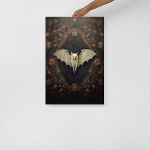 White Bat in Flowers Art Print No.5, Dark Forest Wall Decor, Forestcore ...