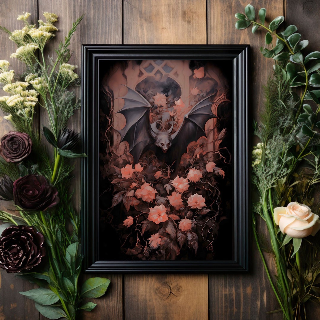 Bat in Flowers Art Print No.1, Digital Download, Dark Forest Wall Decor ...