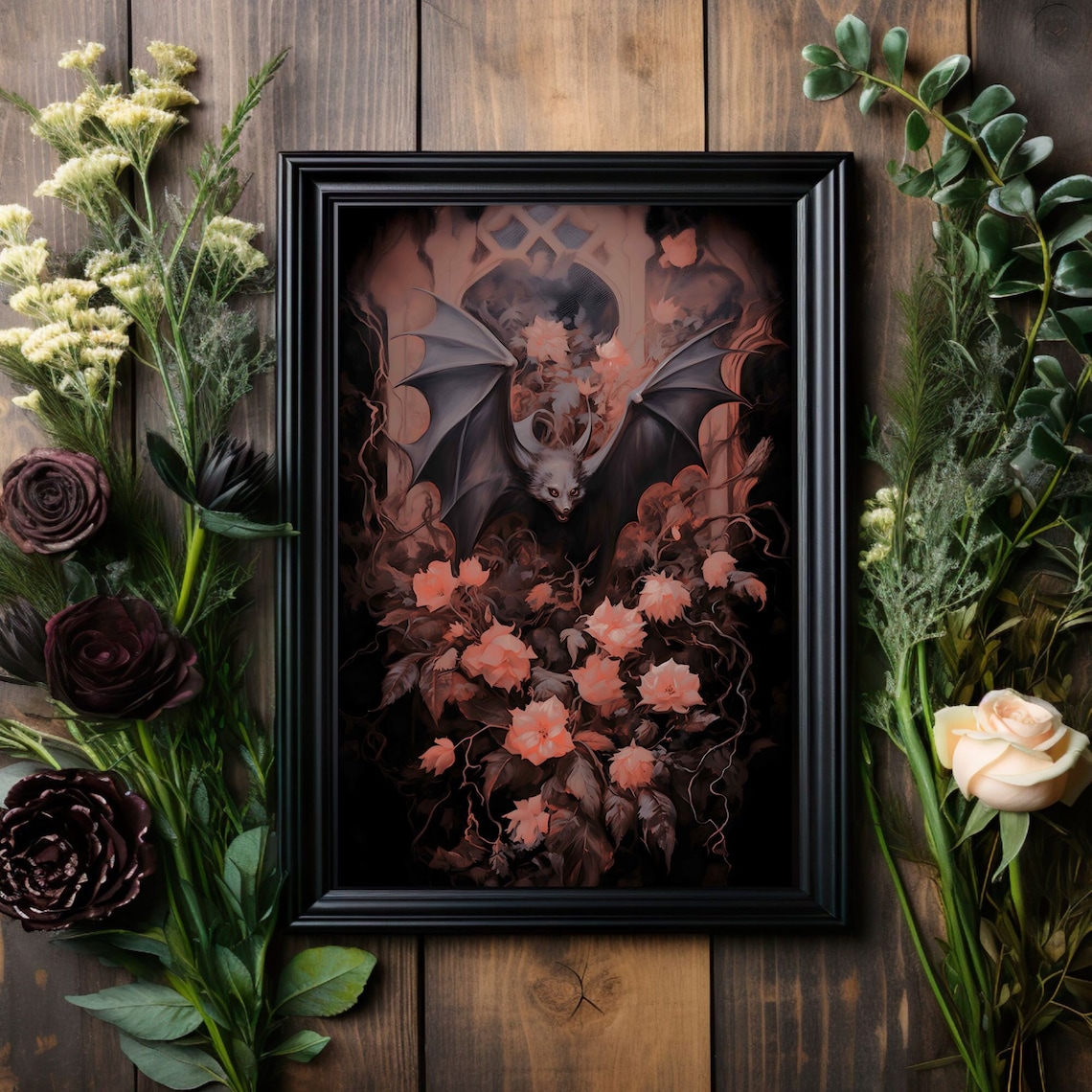 Bat in Flowers Art Print No.1, Digital Download, Dark Forest Wall Decor ...