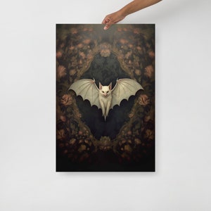 White Bat in Flowers Art Print No.5, Dark Forest Wall Decor, Forestcore ...