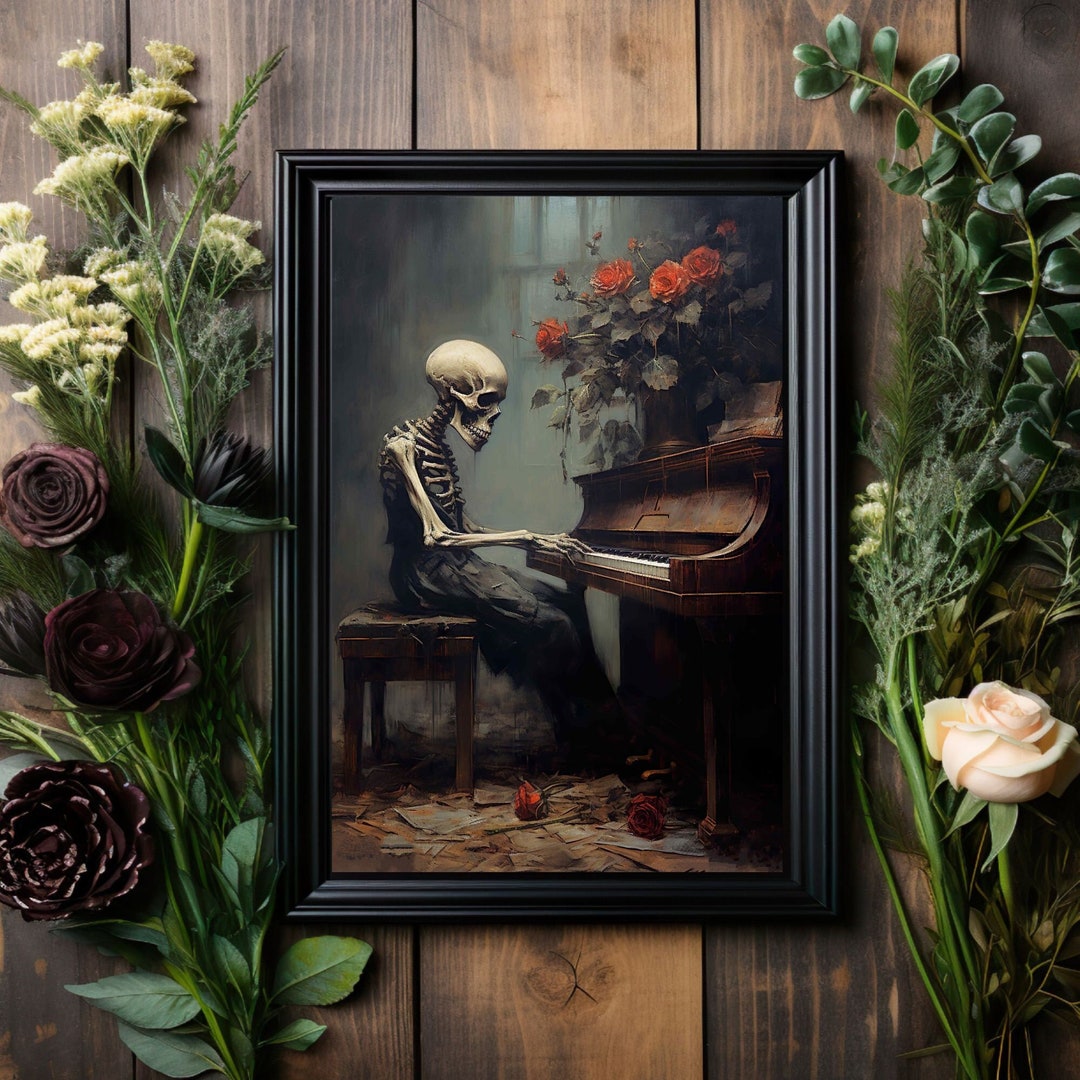 Skeleton Playing Piano No.2 Art Print, Dark Academia Wall Decor, Moody ...